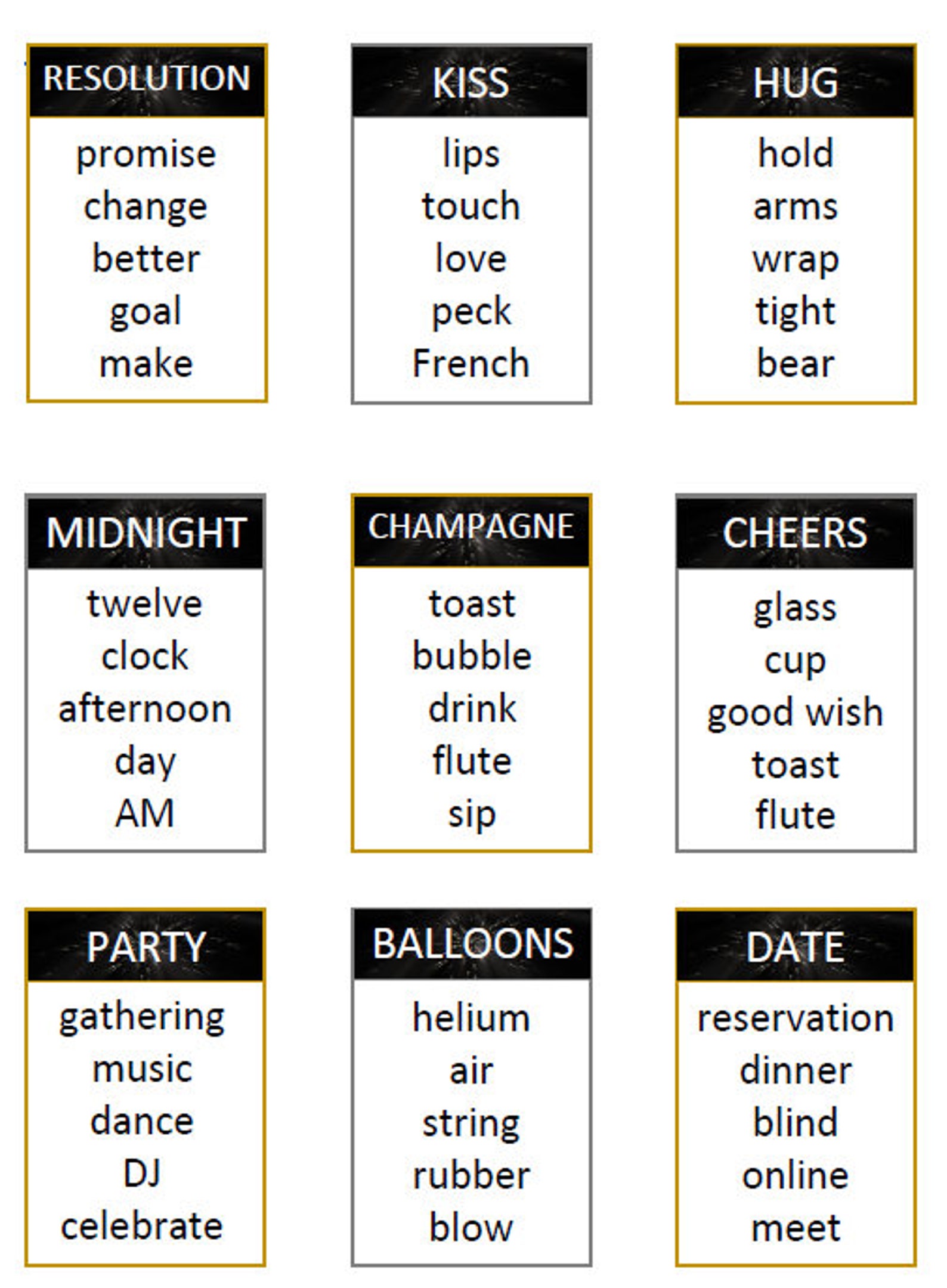 Printable New Year's Eve Taboo Game Cards - Instant Download Game ...
