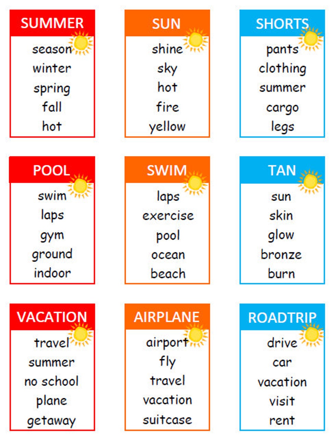 Printable Summer Taboo Game Cards - Instant Download Game for Memorial ...