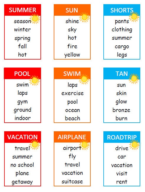 Printable Summer Taboo Game Cards - Instant Download Game for Memorial ...