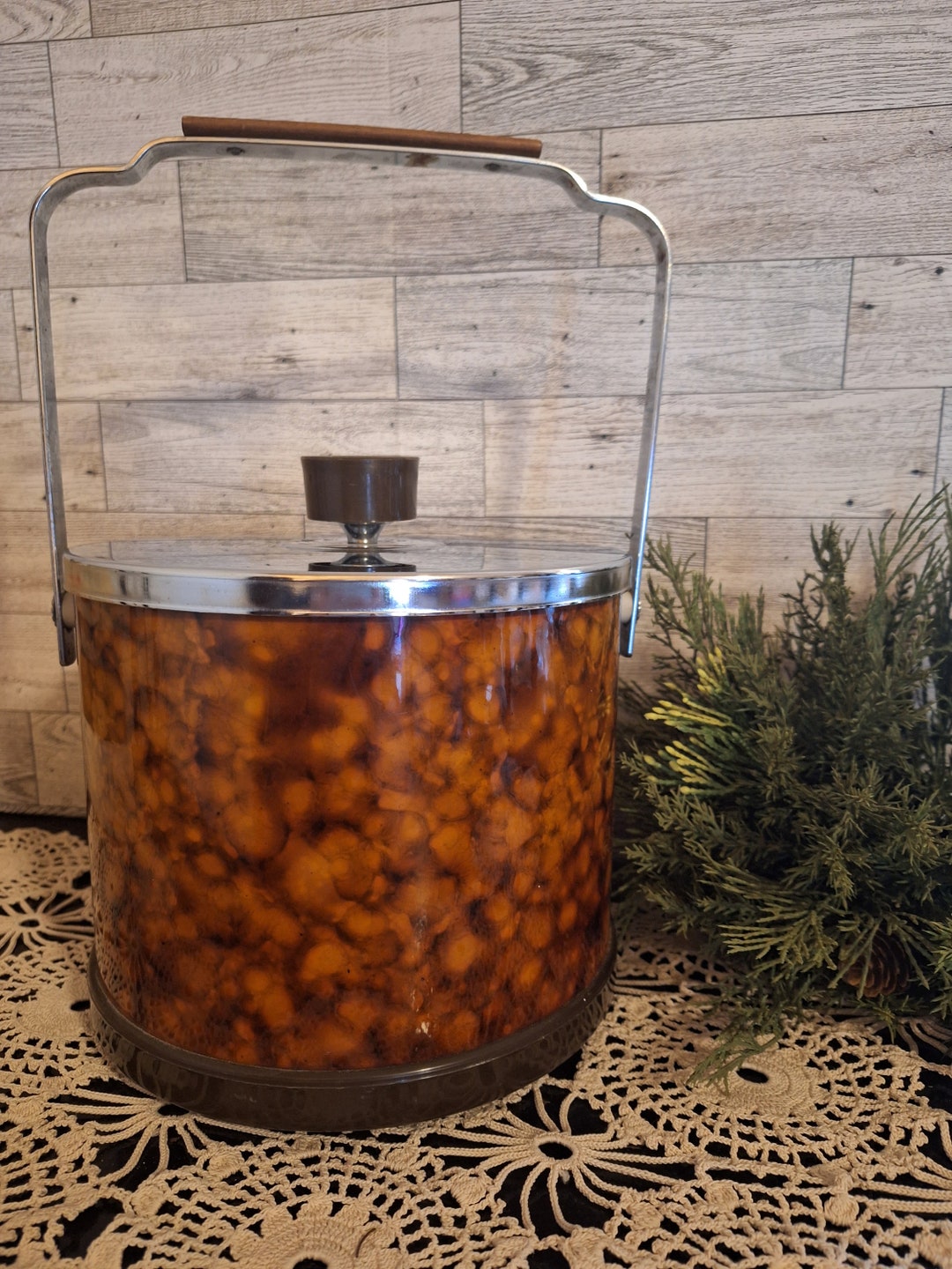 Vntg Plastic Tortoise Shell Ice Bucket With Stainless Steal Handle,mcm ...
