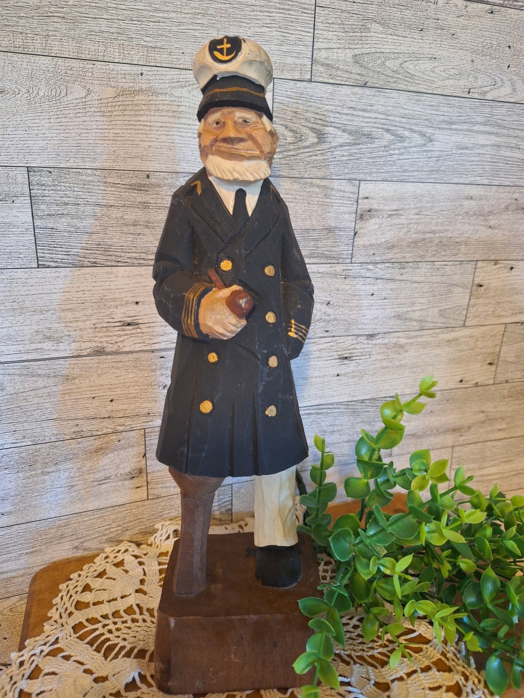 Vntg Handcarved/ Handpainted Wood Sea Captain Statue , Coastal Decor ...