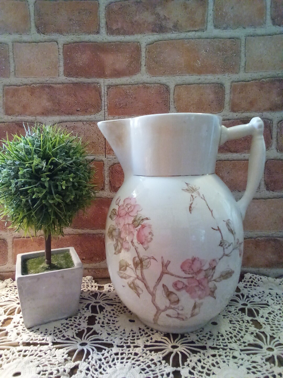 Antique Large White Ironstone Cherry\apple Blossom Transferware Pitcher ...