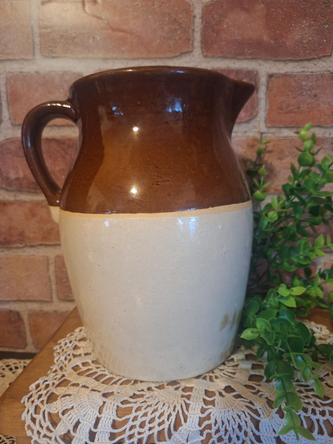 Vntg. Large Brown / Cream Crock Pitcher,primitive, Rustic, Farmhouse ...