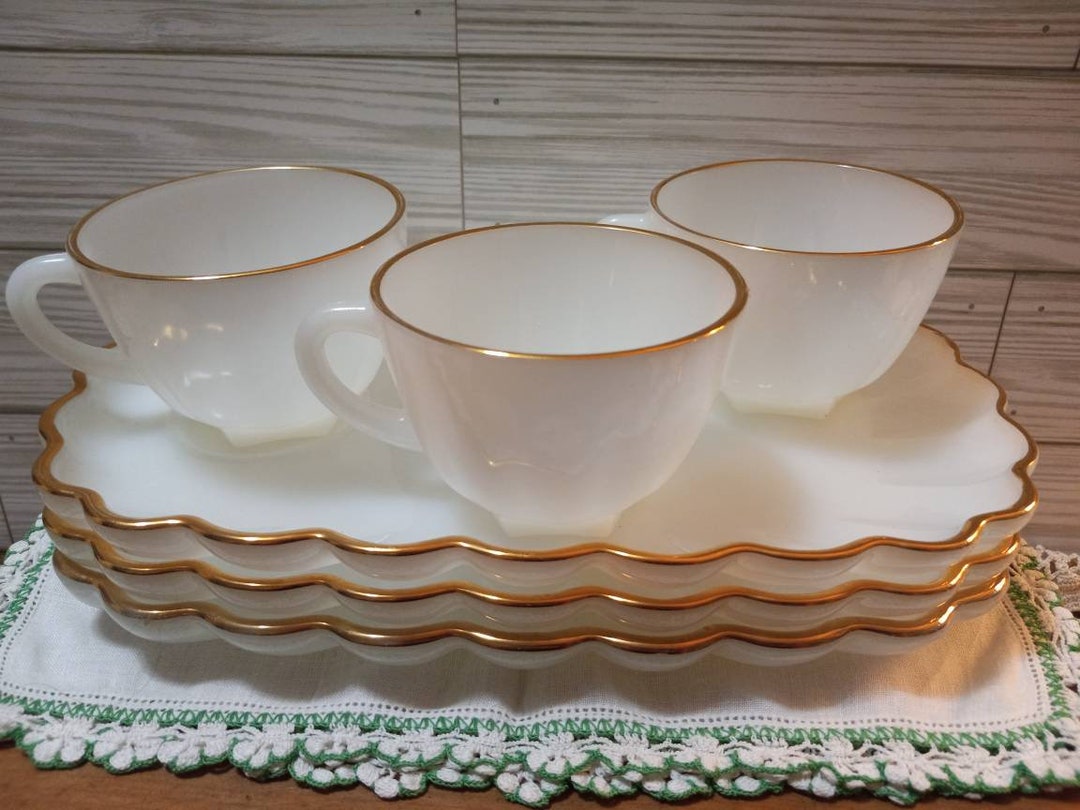 Set of 3 Vintage Milk Glass Rectangle Luncheon Plates With Cups, Garden ...