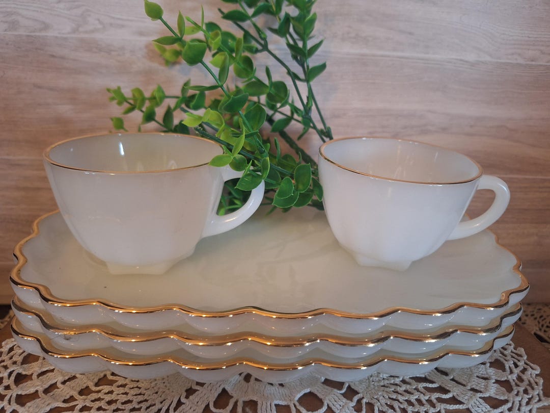 Set of Vintage Milk Glass Rectangle Luncheon Plates With Cups, Garden ...