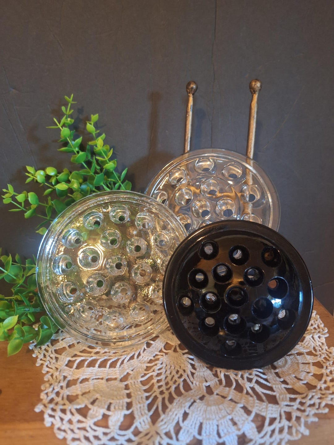 Set of 3 Vntg Round Glass Flower Frogs, Floral Arrangements, Garden ...
