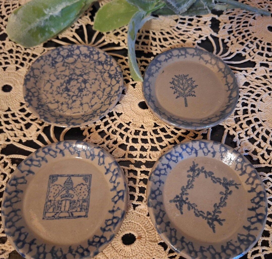 Set of 4 Vntg. Blue Spongeware Butter Pats, Pottery, Rustic, Primitive ...