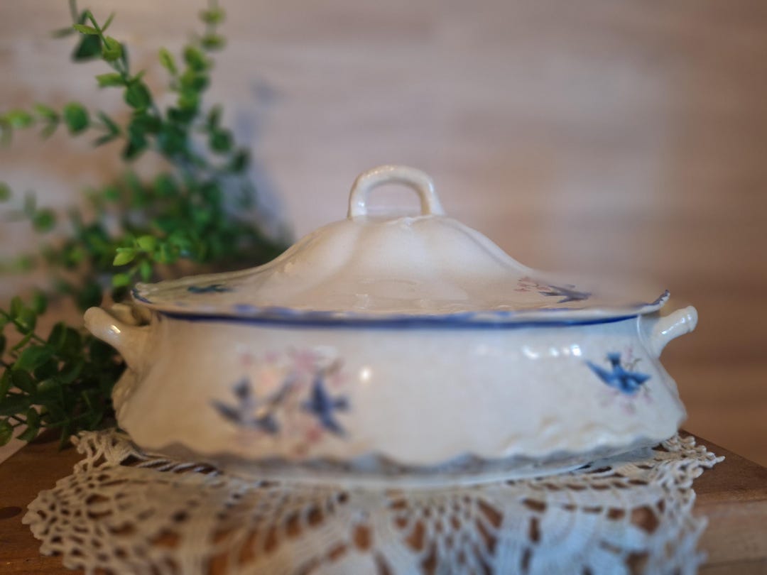 Vintg. French Thompson Frances Blue Bird Floral Covered Serving Dish ...