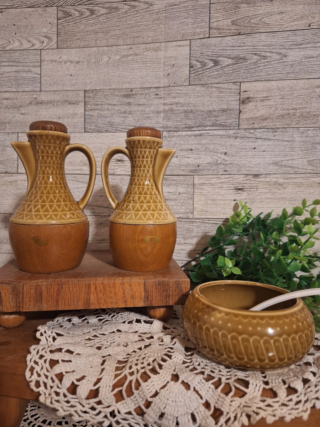 Vntg. MCM Ceramic & Wood Cruet Set , Oil and Vinager, Boho Decor ...