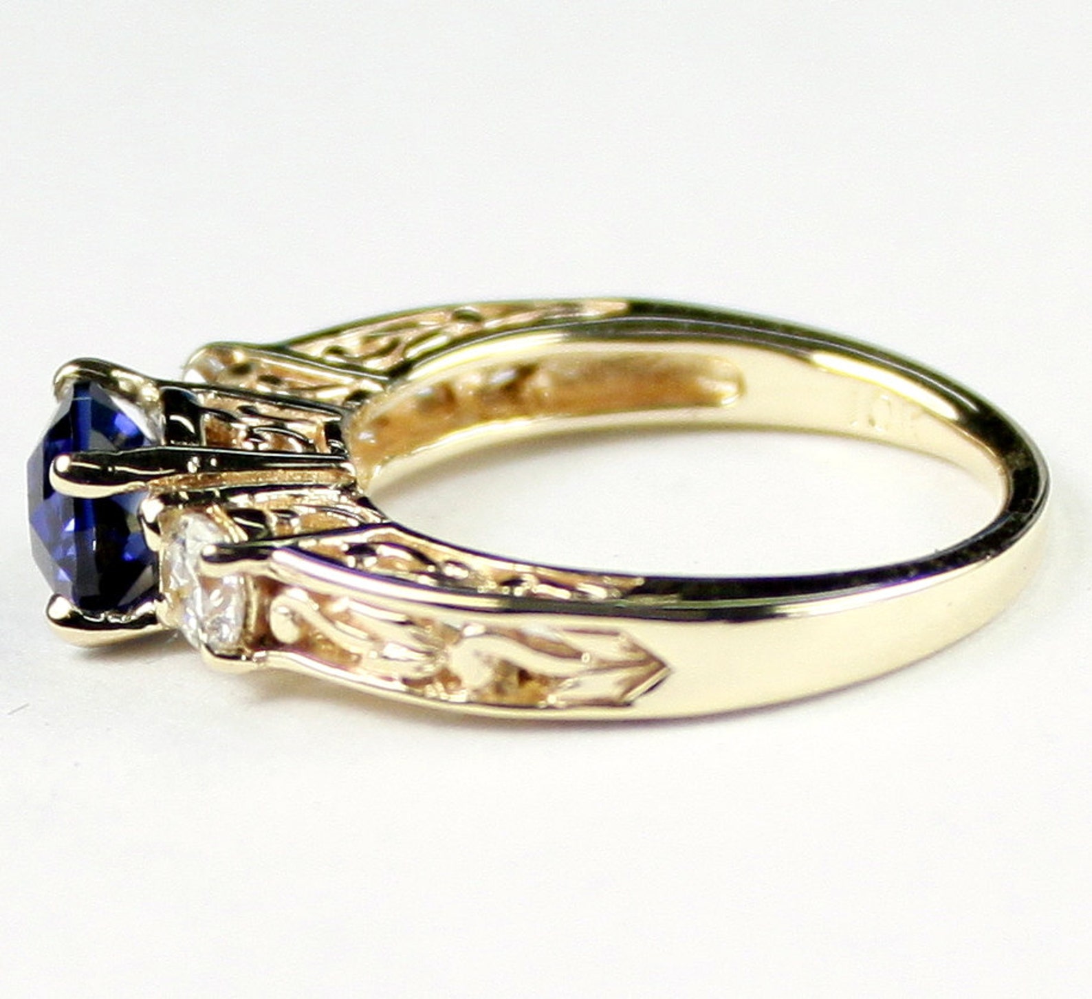 Created Blue Sapphire W/ 2 Accents 10KY Gold Ring R254 - Etsy