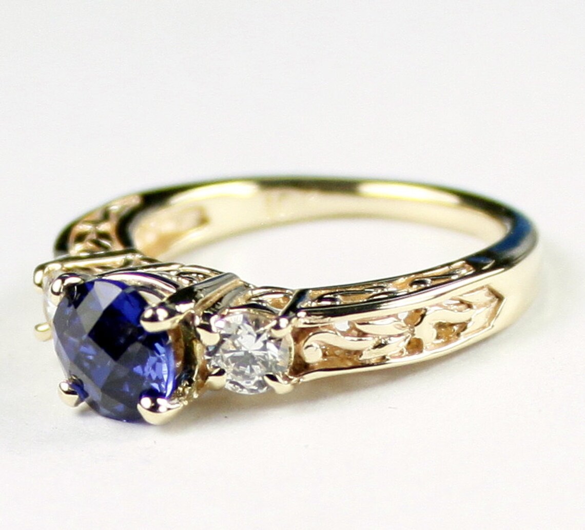 Created Blue Sapphire W/ 2 Accents 10KY Gold Ring R254 - Etsy