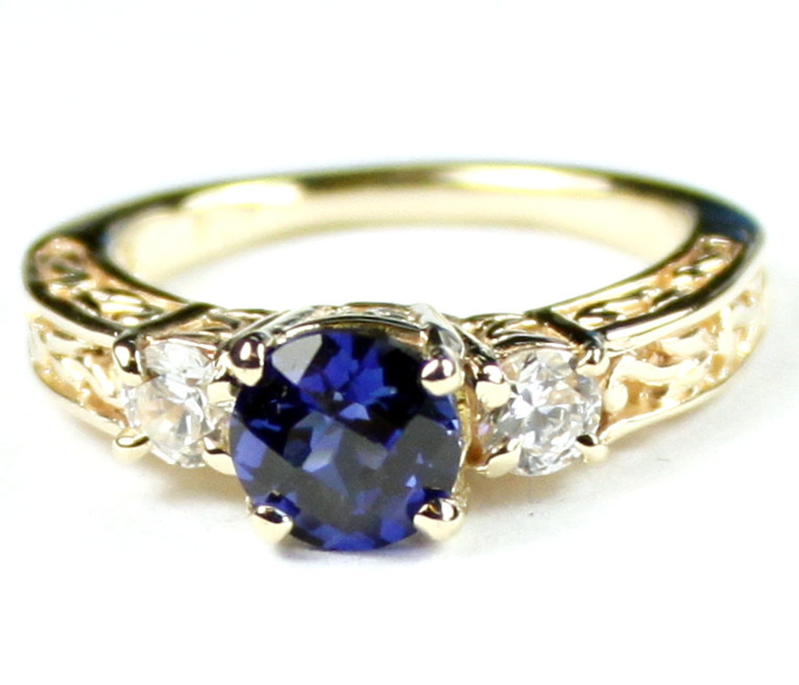 Created Blue Sapphire W/ 2 Accents 10KY Gold Ring R254 - Etsy