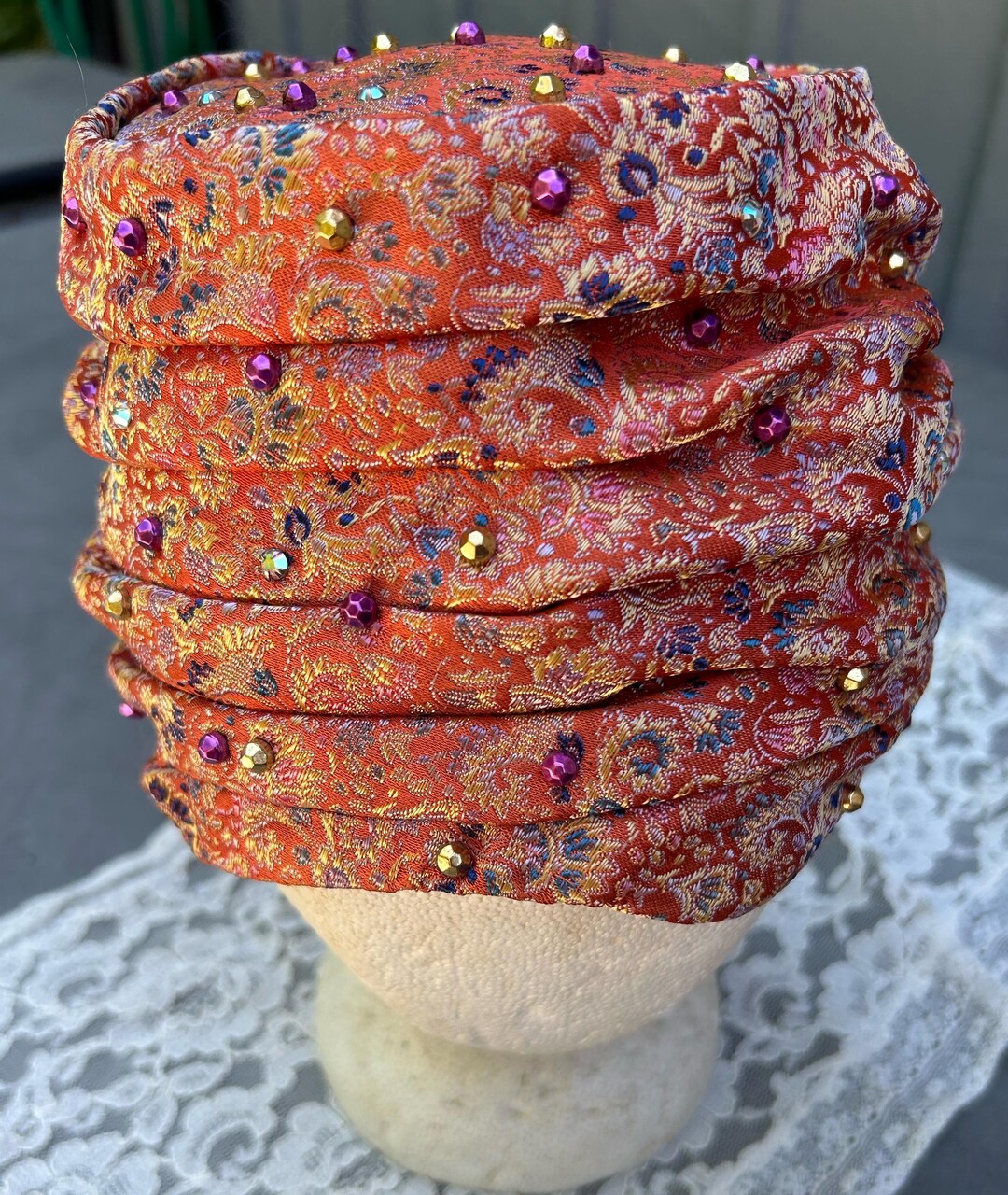 Gena Doris Orange Turban Hat, Beaded , 1960's, Vintage Hat, Elegant ...