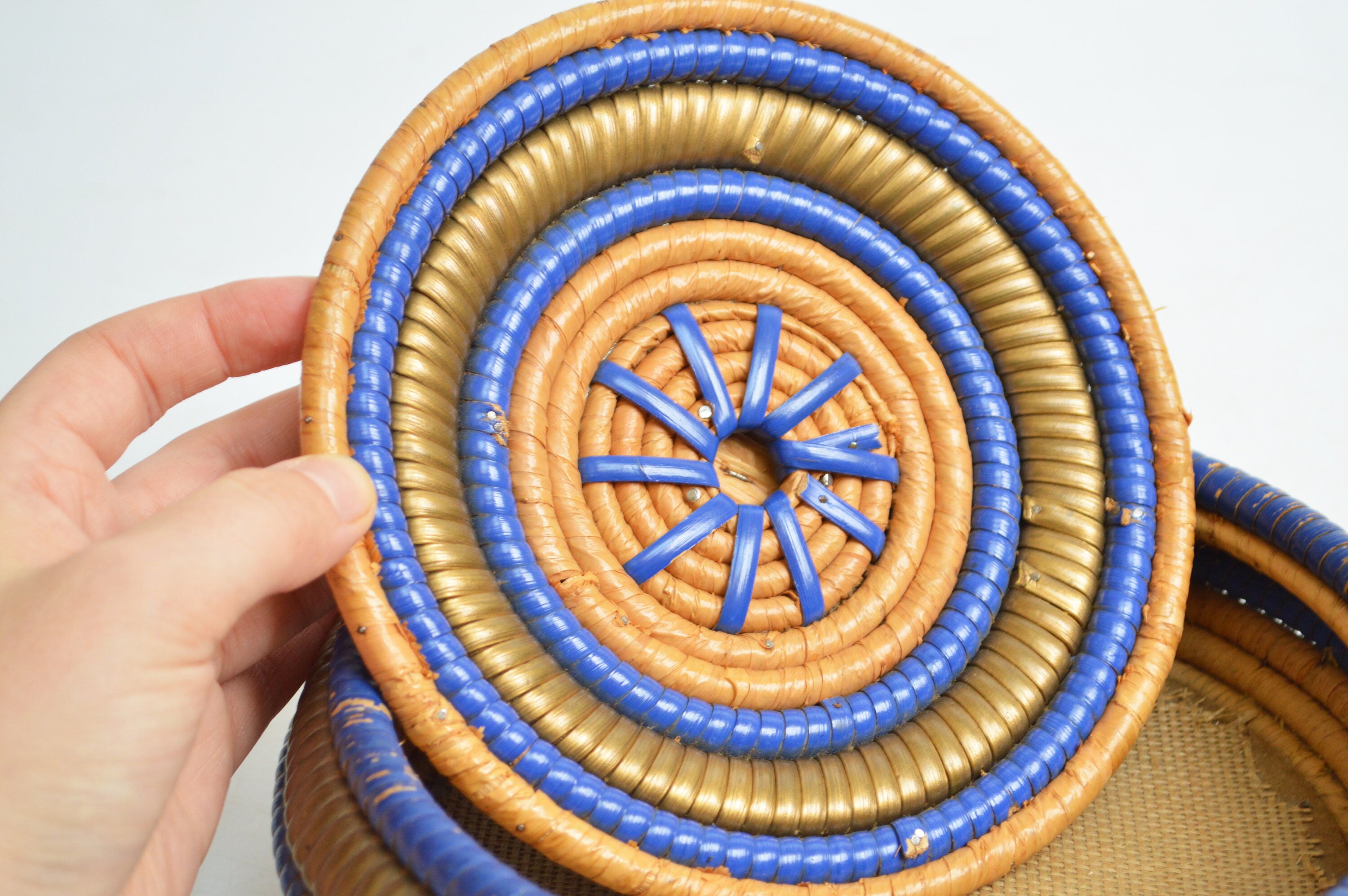 Vintage Rattan Basket / Blue & Gold / Boho / Unique Lidded Wicker Bowl ...