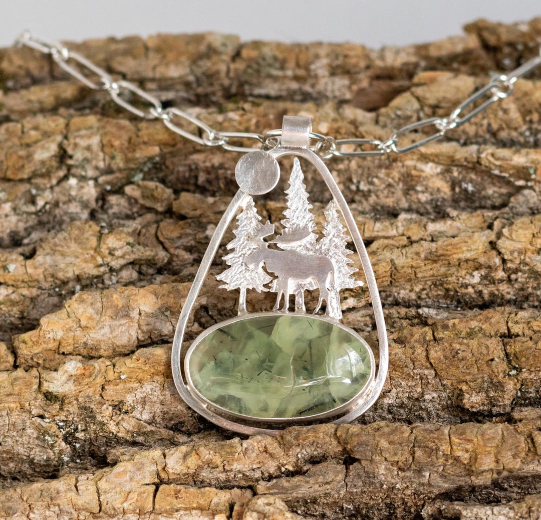 Moose in the Forest Pendant, Green Moss Agate, Wildlife Jewelry, 925 ...