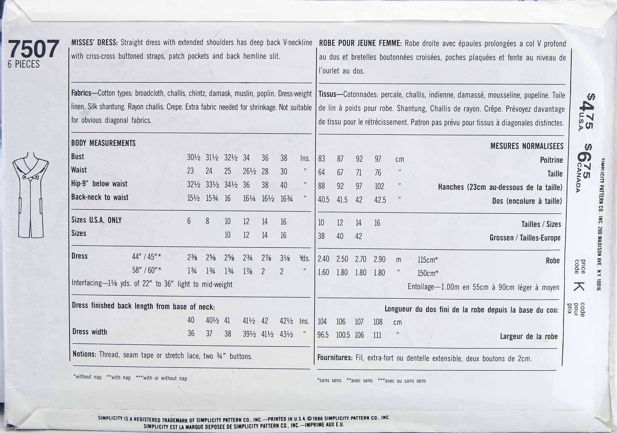 Sleeveless Straight Dress Sewing Pattern, Misses Sizes 12, 14, 16 ...