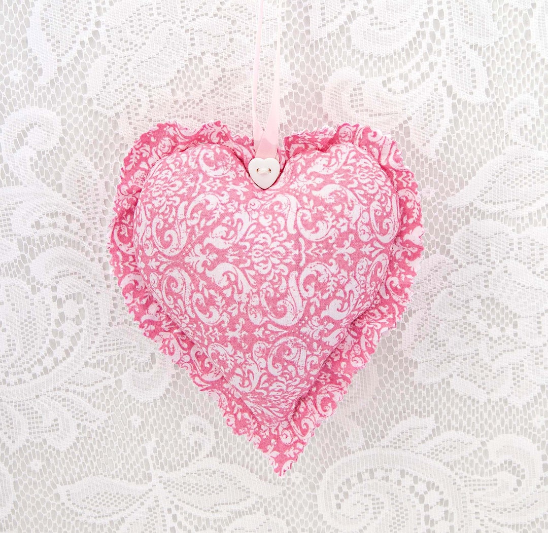 Fabric Heart, Pink and White With a Ruffled Edge, Pink Ribbon Loop and ...