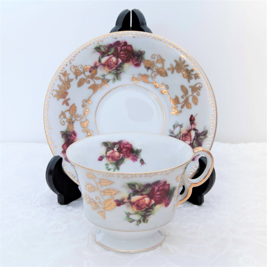 Teacup and Saucer, Royal Sealy China, Red Roses, Gold Leaves and Trim ...