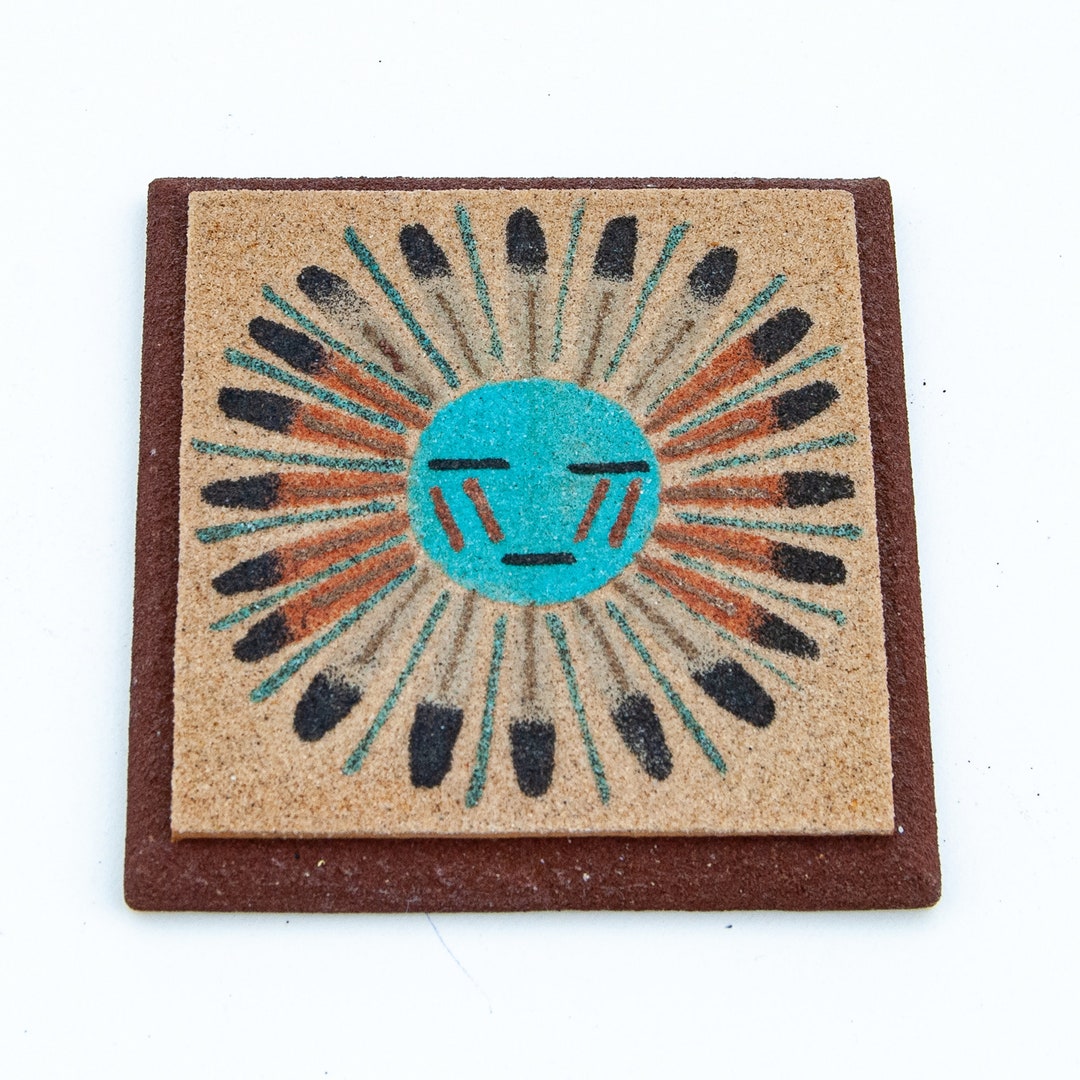 Sun & Eagle Vintage Navajo Textured Sand Painting Tile Signed by Ethel Braum, 3.75 X 3.75 X.5 ...