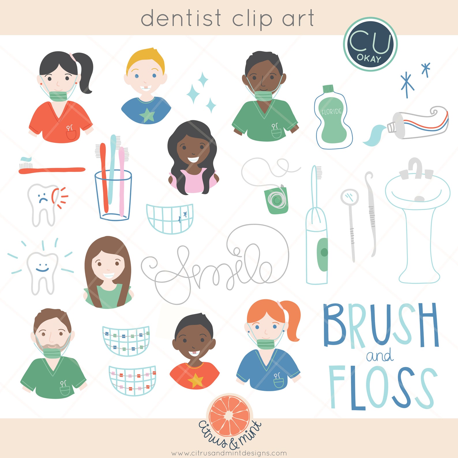 Dentist Clip Art Graphics - Hand-drawn Digital Illustrations ...
