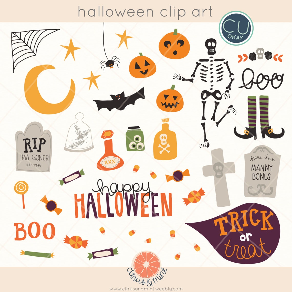 Halloween Clip Art Graphics- Hand-drawn Digital Illustrations ...