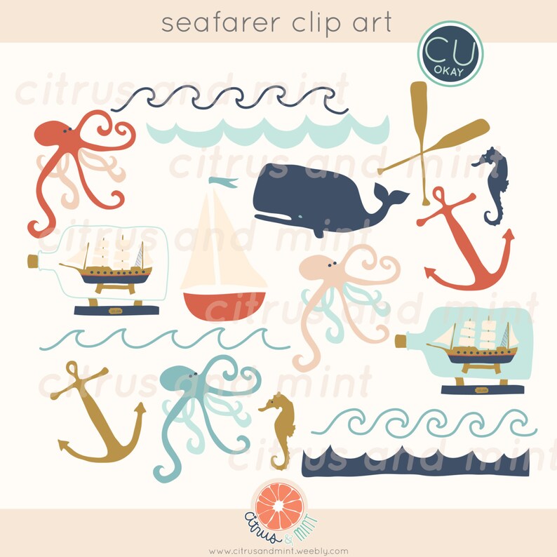 Clipart - Nautical Ocean - 17 Hand Drawn Illustrations for Commercial ...