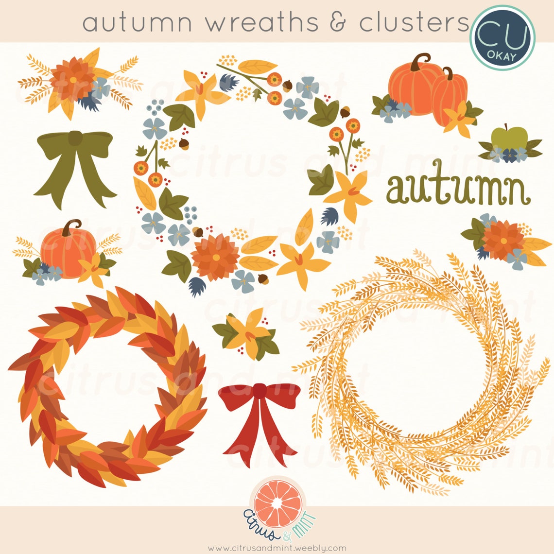 Autumn Wreaths and Clusters Digital Clip Art - 12 Hand-drawn ...
