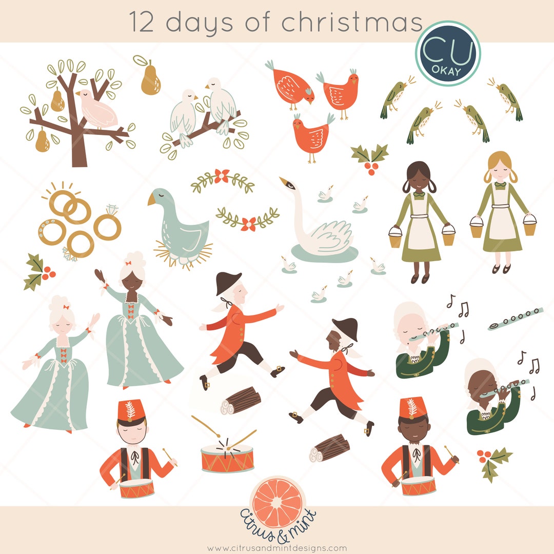 Twelve 12 Days of Christmas Clip Art Graphics- Hand-drawn Digital ...