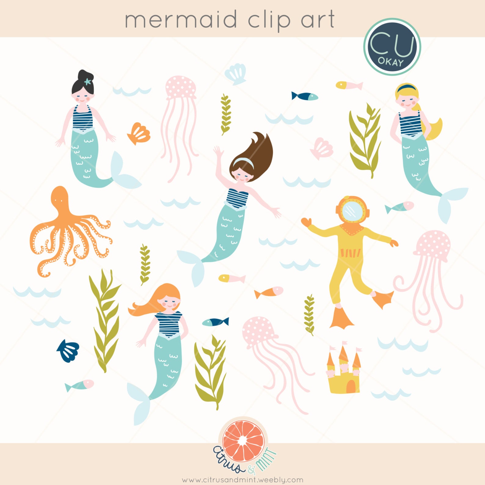 Mermaid Ocean Clipart - Hand-drawn Illustrations- Commercial Use ...
