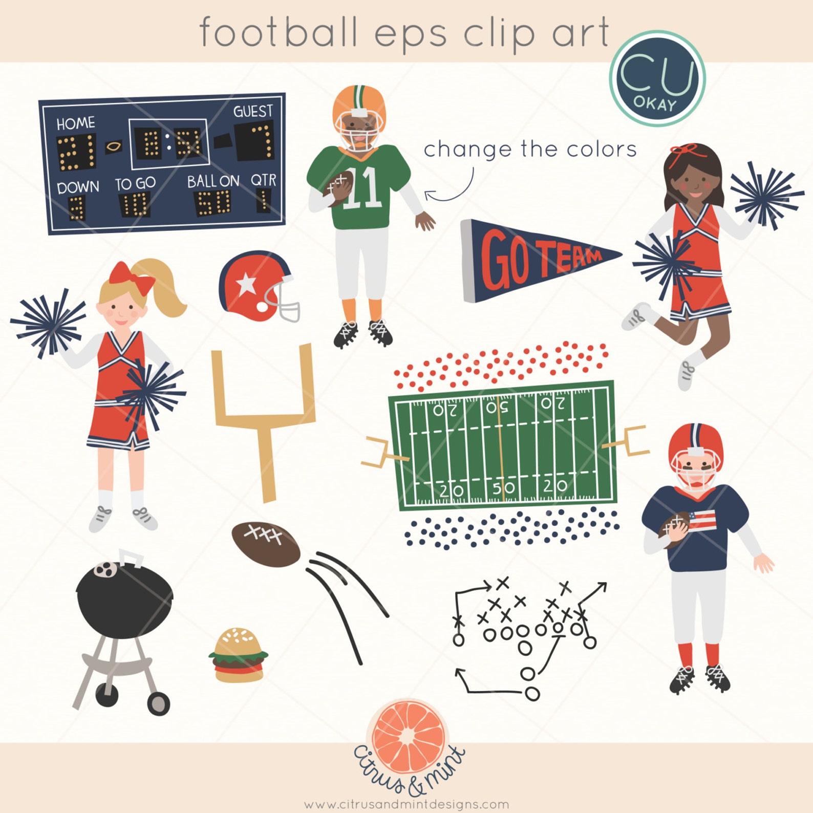 Football Cheerleader Clip Art Graphics- EPS Vector File - Hand-drawn ...