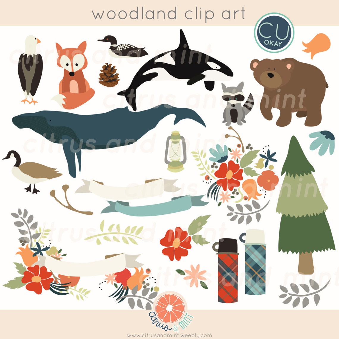 Woodland Digital Clip Art - 24 Hand Drawn Illustration - Commercial Use ...