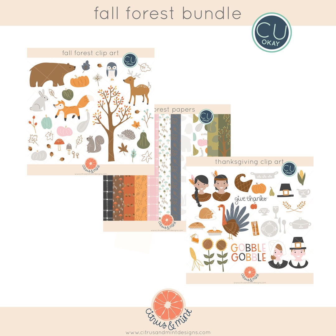 Fall Woodland Forest Digital Papers and Clip Art Bundle- Hand-drawn ...