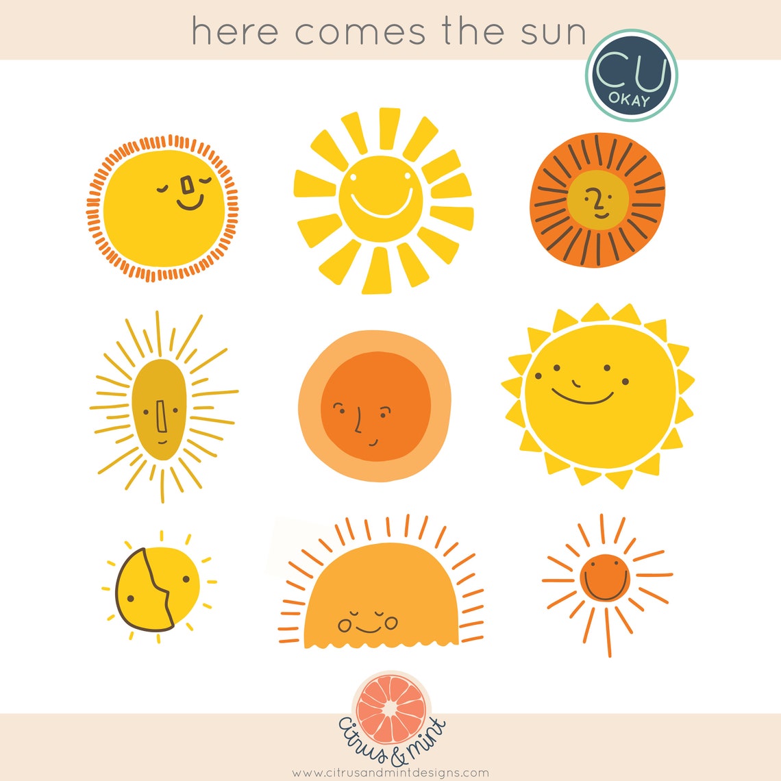 Sun Sunshine Clip Art Graphics- Hand-drawn Digital Illustrations ...