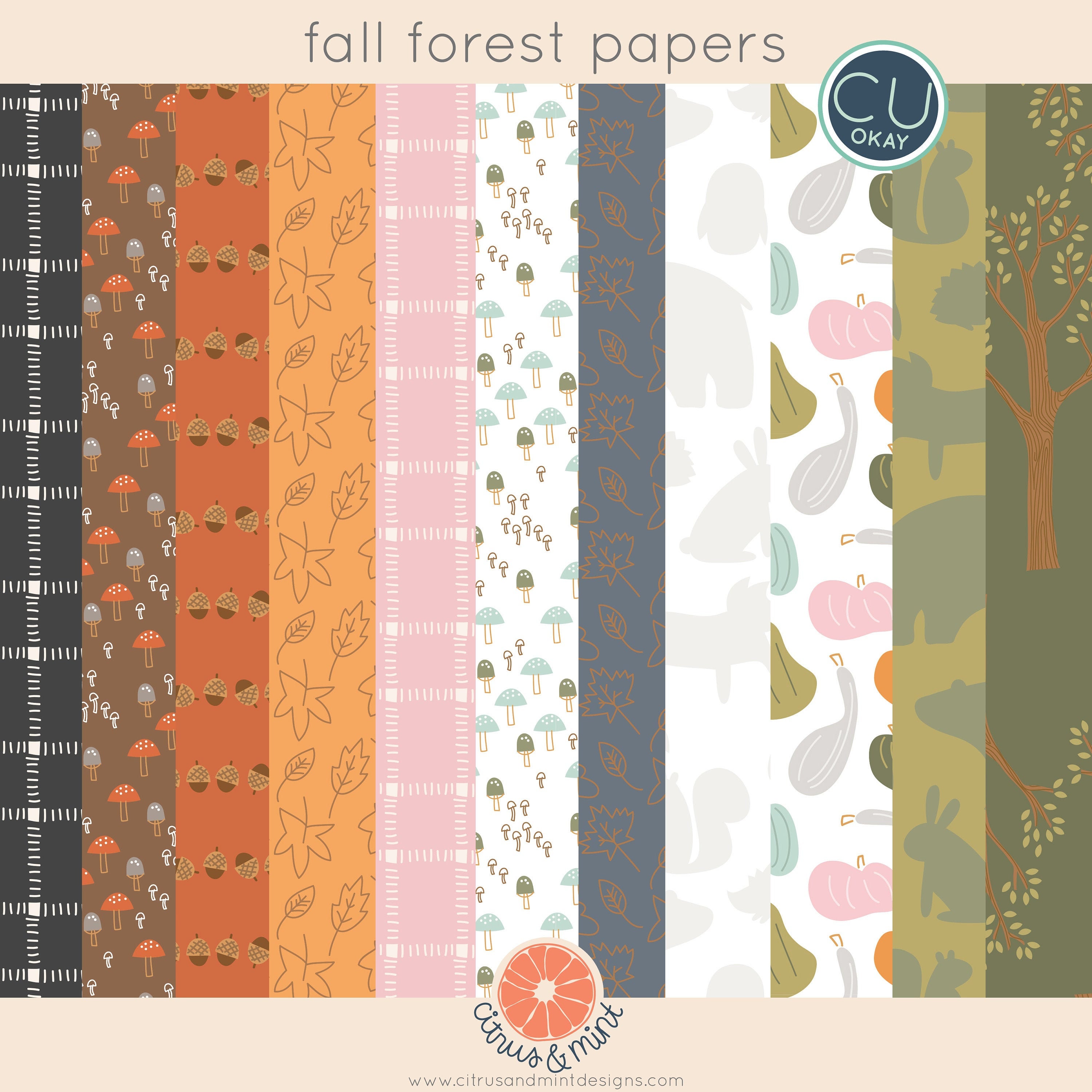 Autumn Fall Woodland Forest Digital Paper Pack - Hand-drawn Digital ...