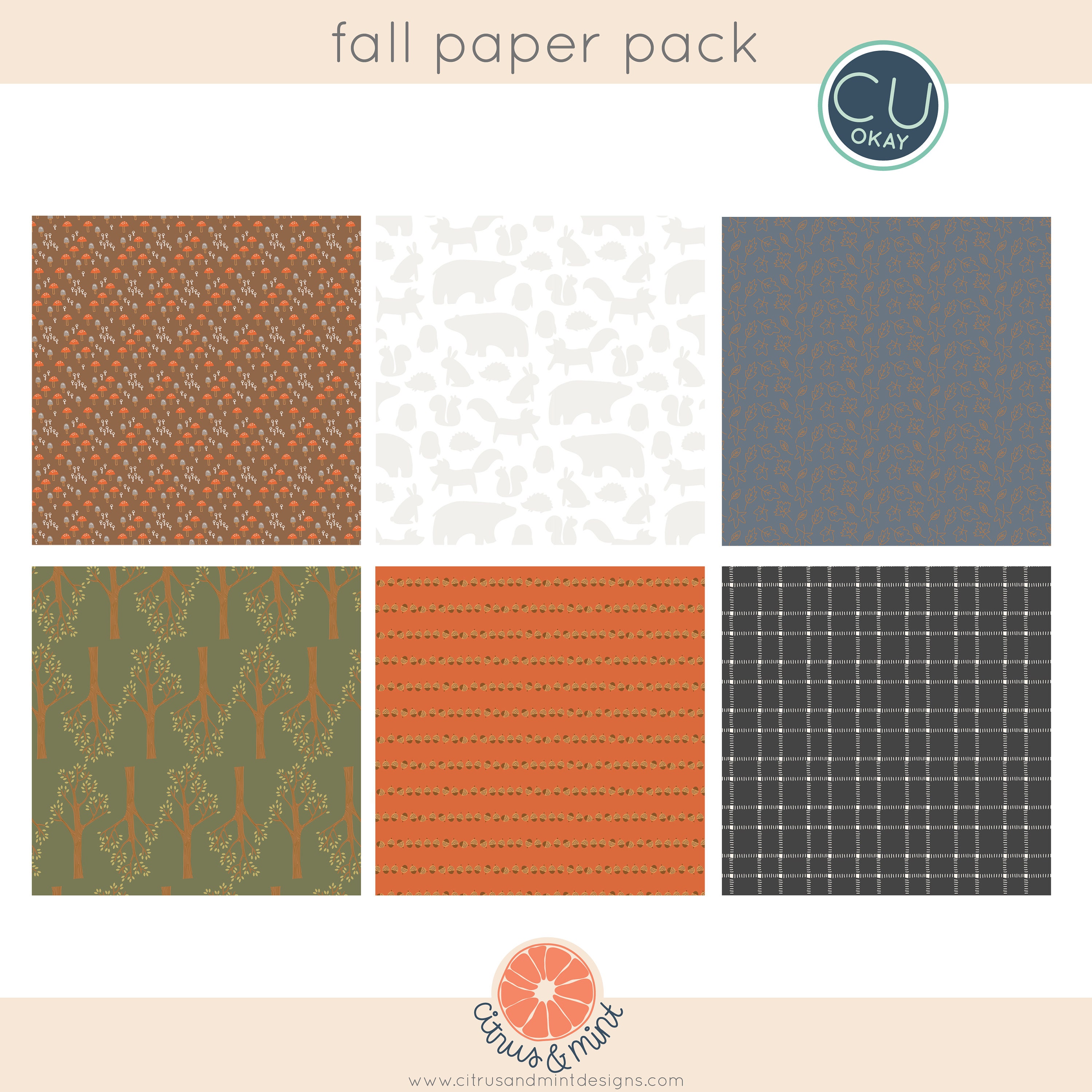 Autumn Fall Woodland Forest Digital Paper Pack - Hand-drawn Digital ...