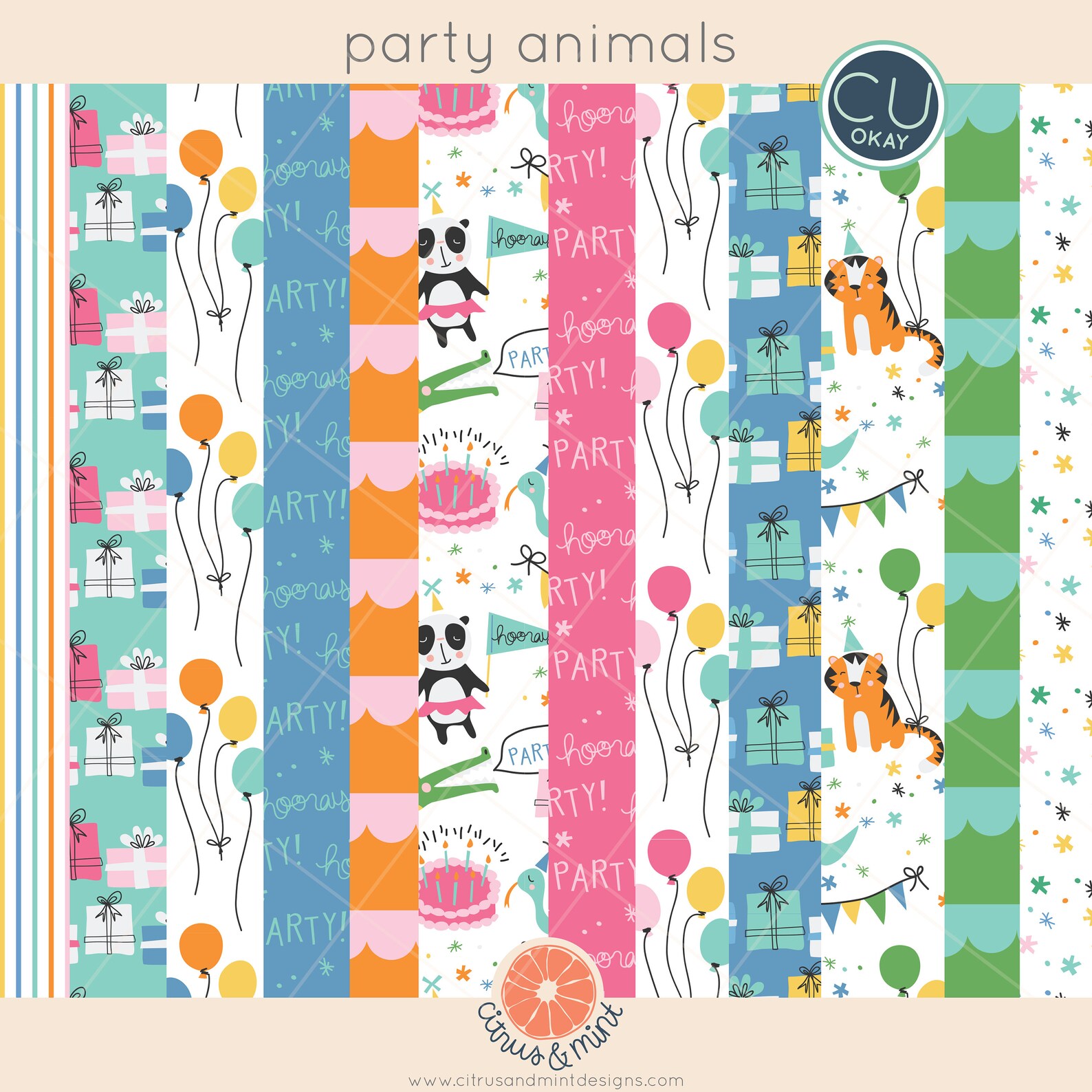 Birthday Party Animals Clip Art and Patterns- Hand-drawn Digital ...
