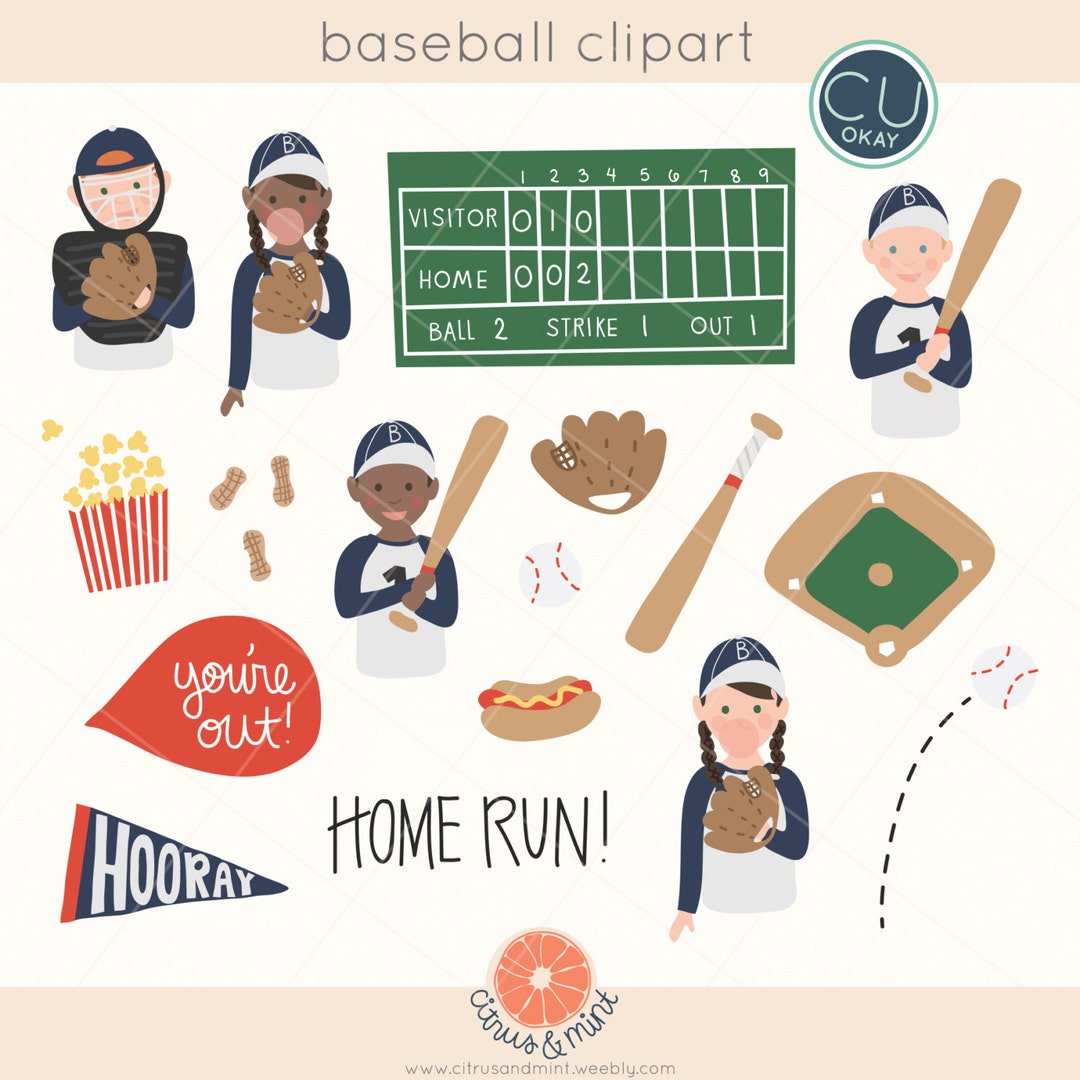 Baseball Softball Clip Art Graphics- Hand-drawn Digital Illustrations ...