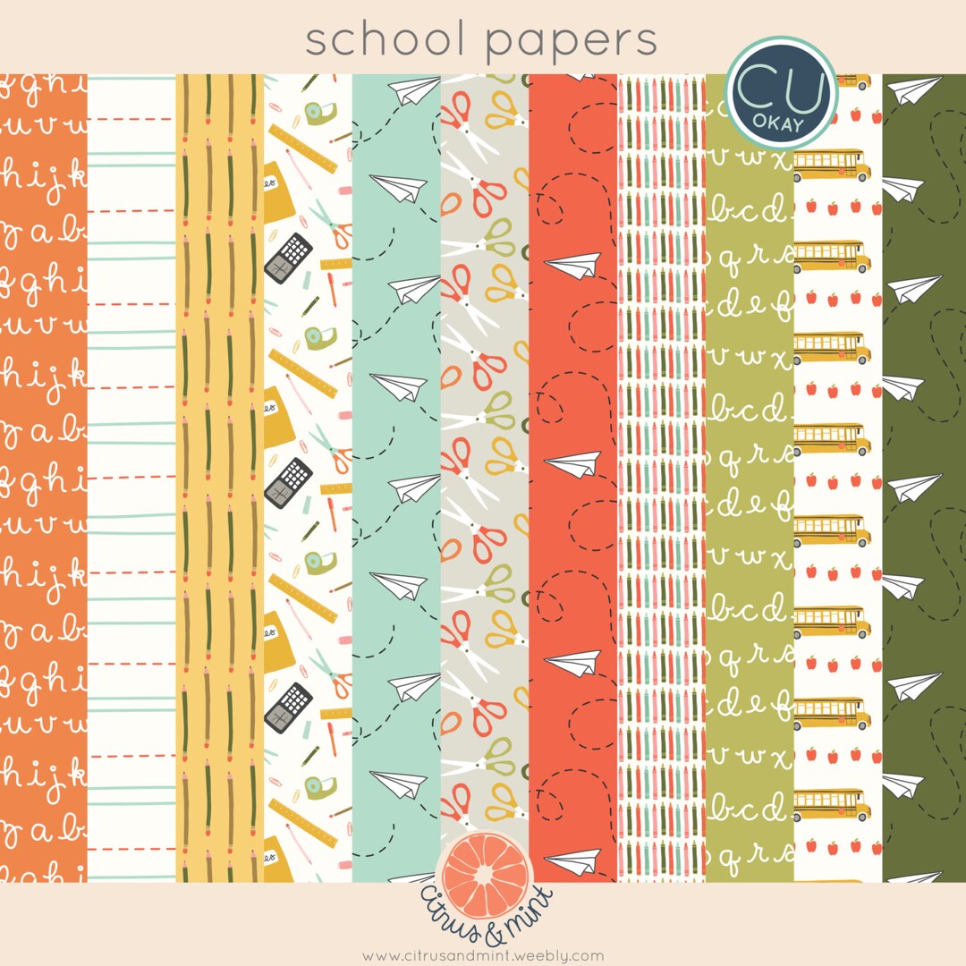 School Supplies Papers and Patterns - Hand-drawn Digital Illustrations ...