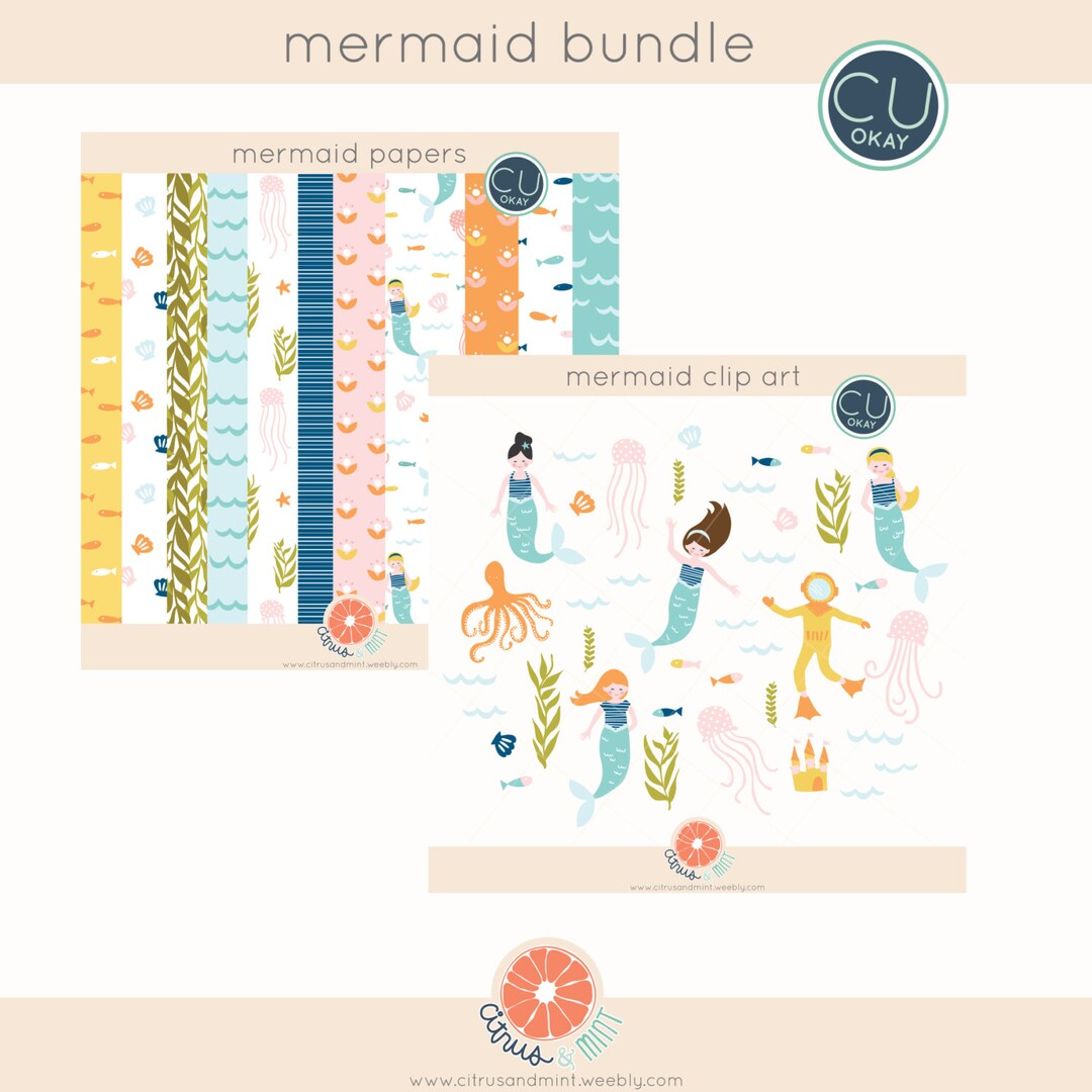 Mermaid Digital Clip Art and Papers - Hand-drawn Illustrations ...