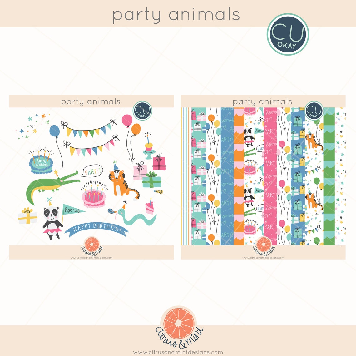 Birthday Party Animals Clip Art and Patterns- Hand-drawn Digital ...
