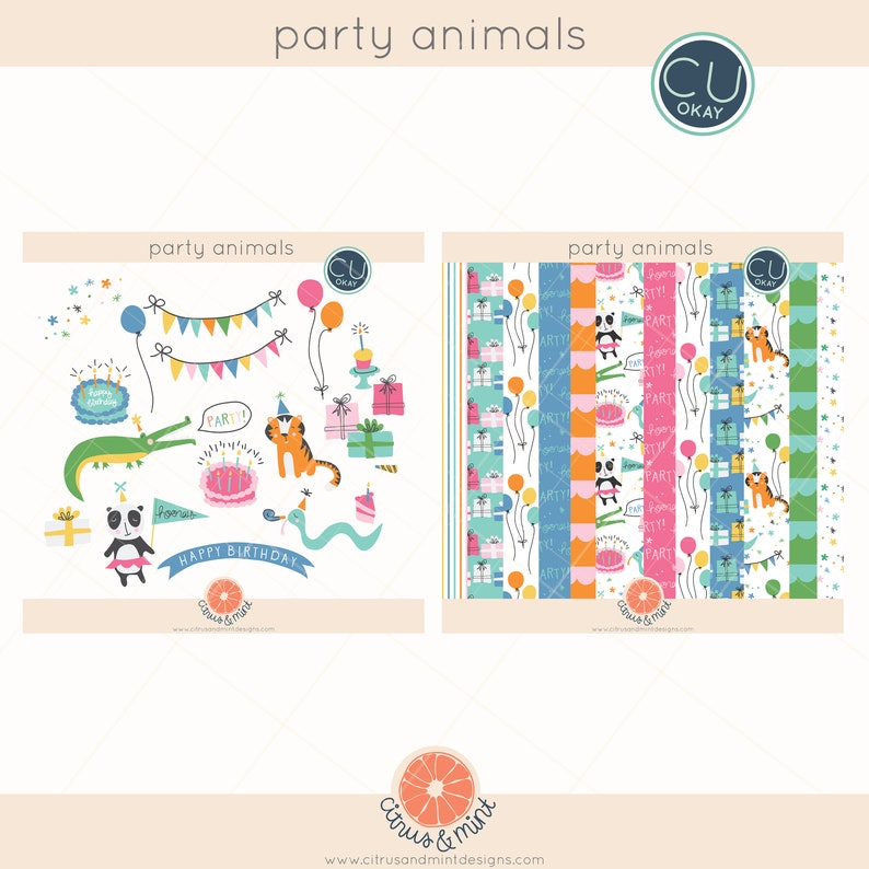 Birthday Party Animals Clip Art and Patterns- Hand-drawn Digital ...