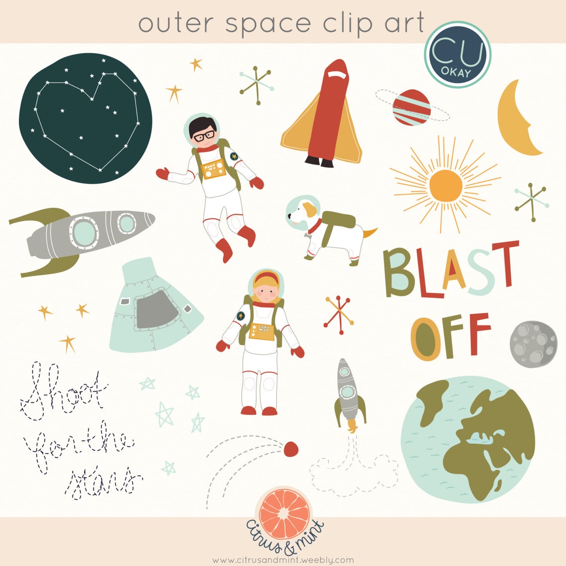 Outer Space Clip Art Graphics- Hand-drawn Digital Illustrations ...
