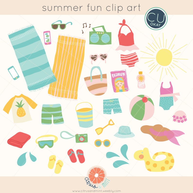 Summer Beach and Pool Clip Art - 31 Hand Drawn Illustrations ...