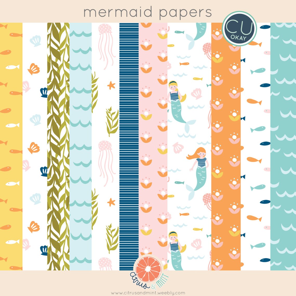 Mermaid Digital Clip Art and Papers - Hand-drawn Illustrations ...