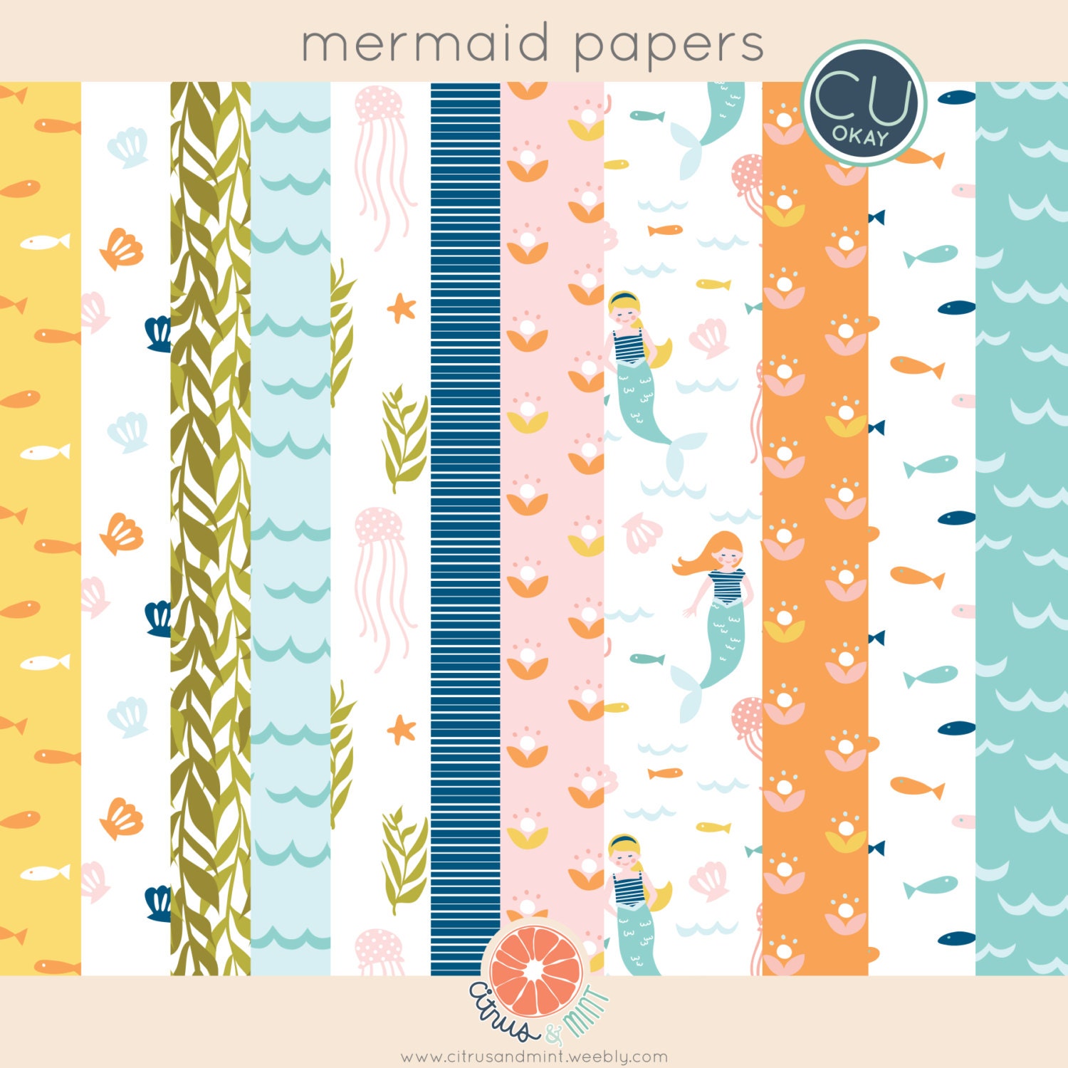 Mermaid Digital Clip Art and Papers Hand-drawn Illustrations Commercial ...