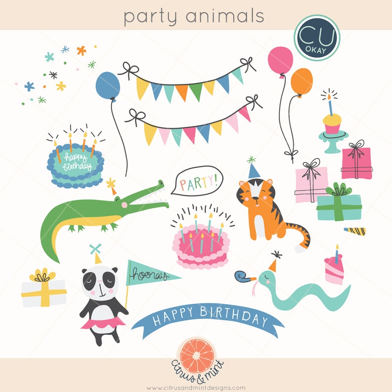 Birthday Party Animals Clip Art and Patterns- Hand-drawn Digital ...