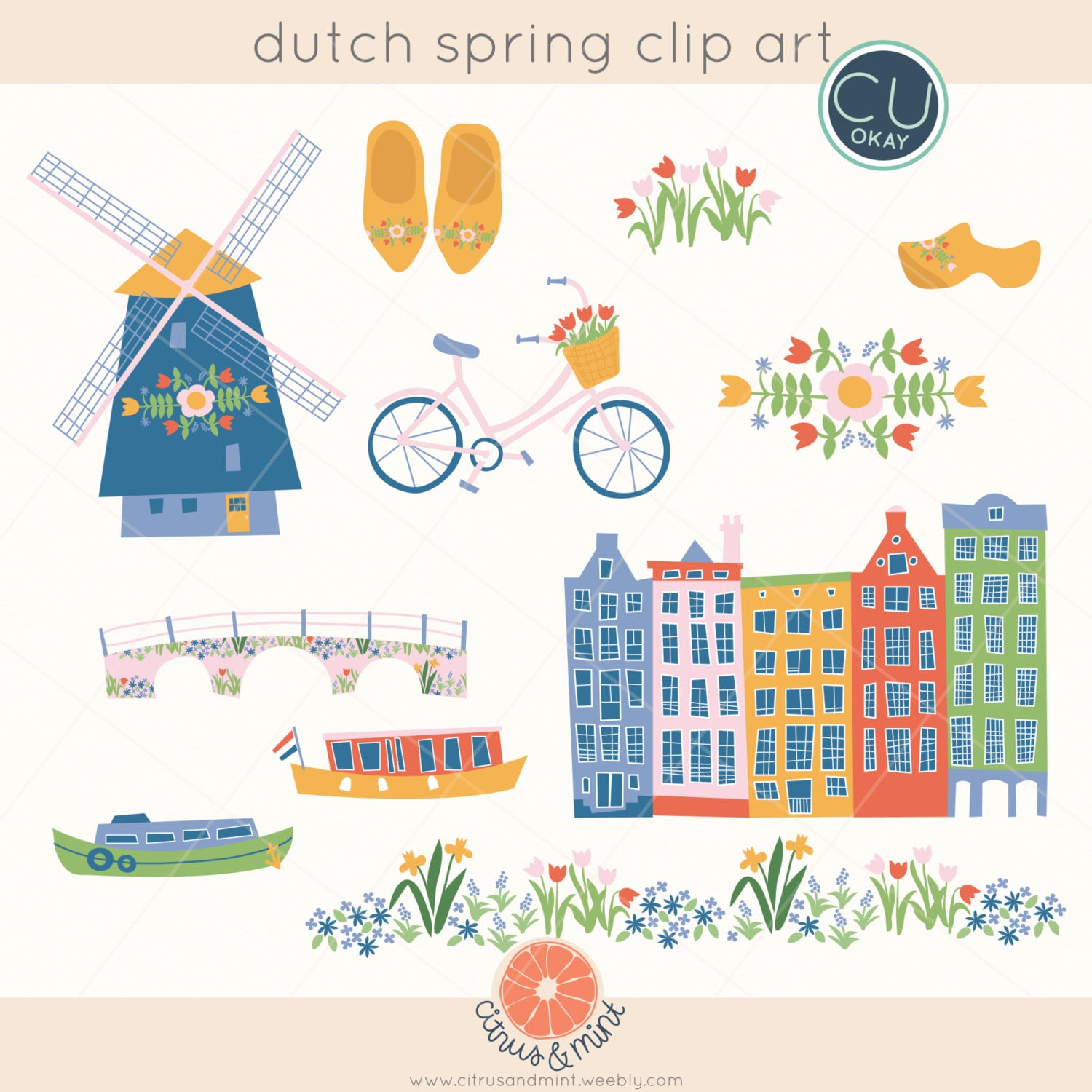 Dutch Spring Digital Clip Art - Amsterdam - Netherlands - 11 Hand-drawn ...