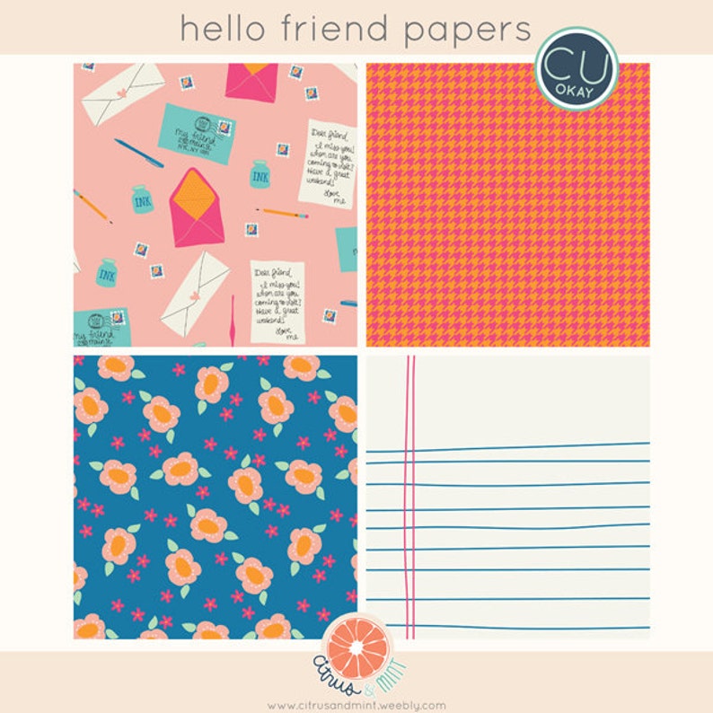 Hello Friend Digital Papers - 12 Hand-drawn Digital Papers- Commercial ...