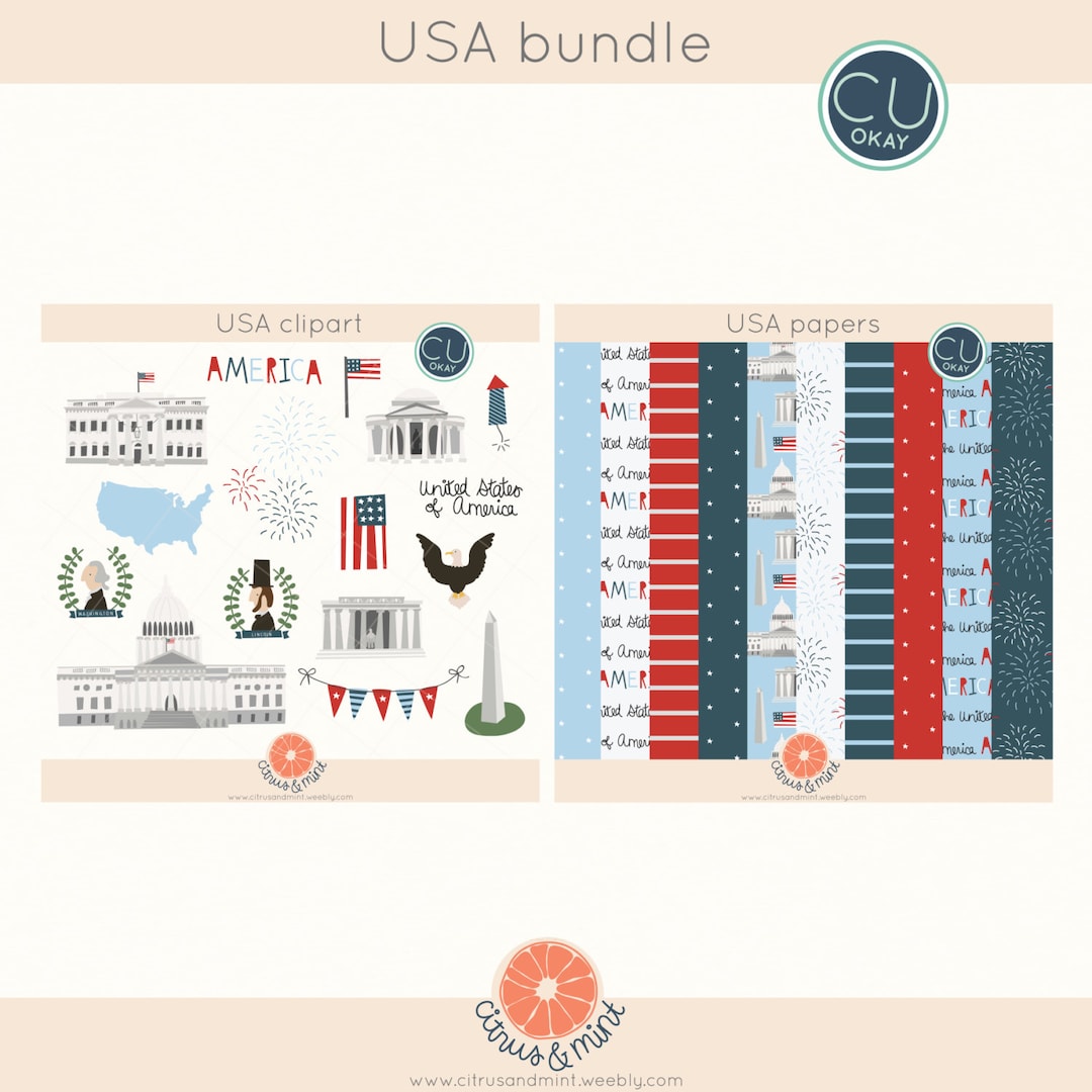 United States America Clip Art and Papers- Fourth of July - Hand-drawn ...