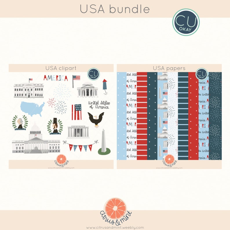 United States America Clip Art and Papers- Fourth of July - Hand-drawn ...